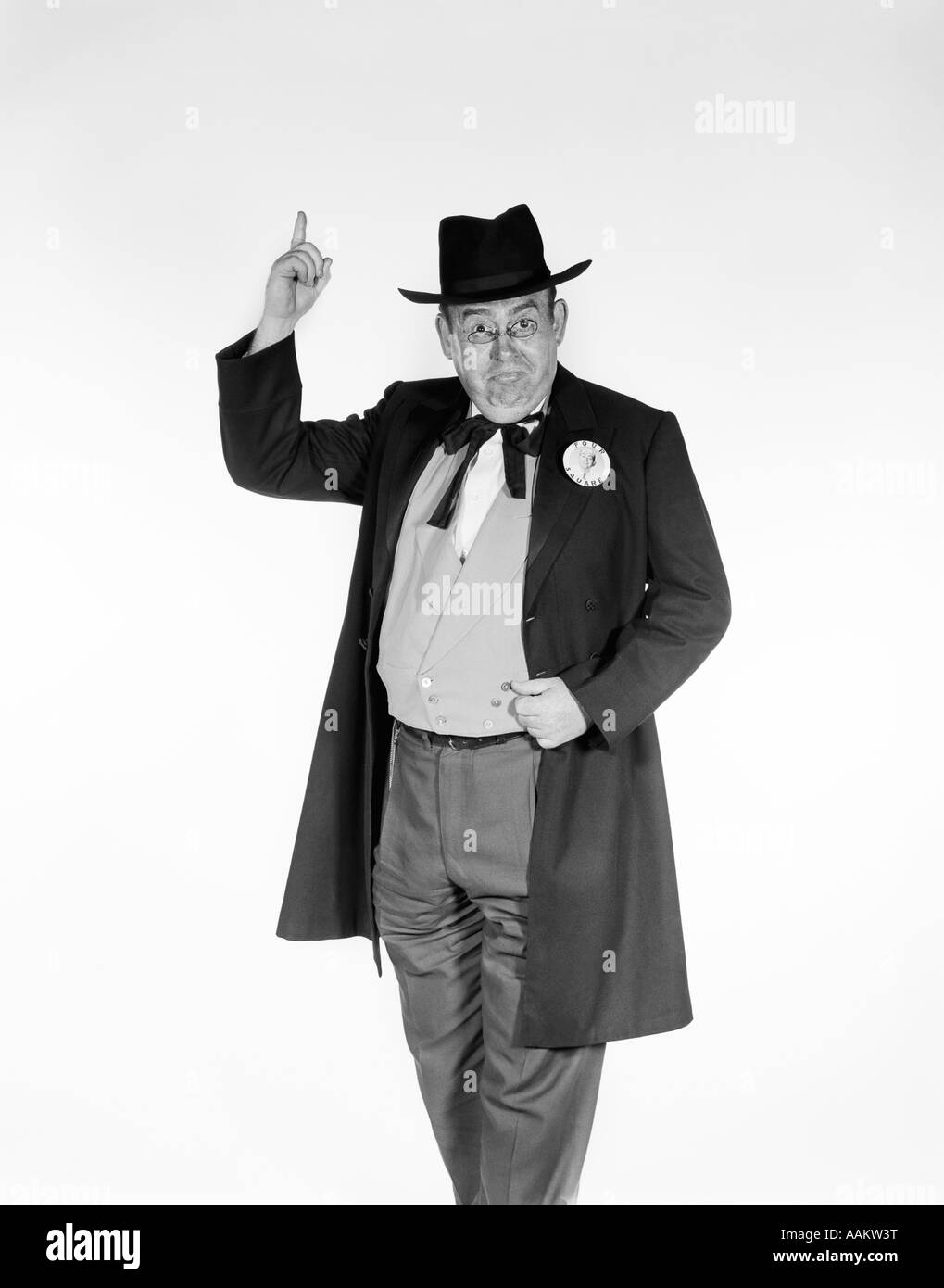 1950s 1960s MAN WEARING OLD-TIME POLITICIAN FROCK COAT WITH CAMPAIGN ...