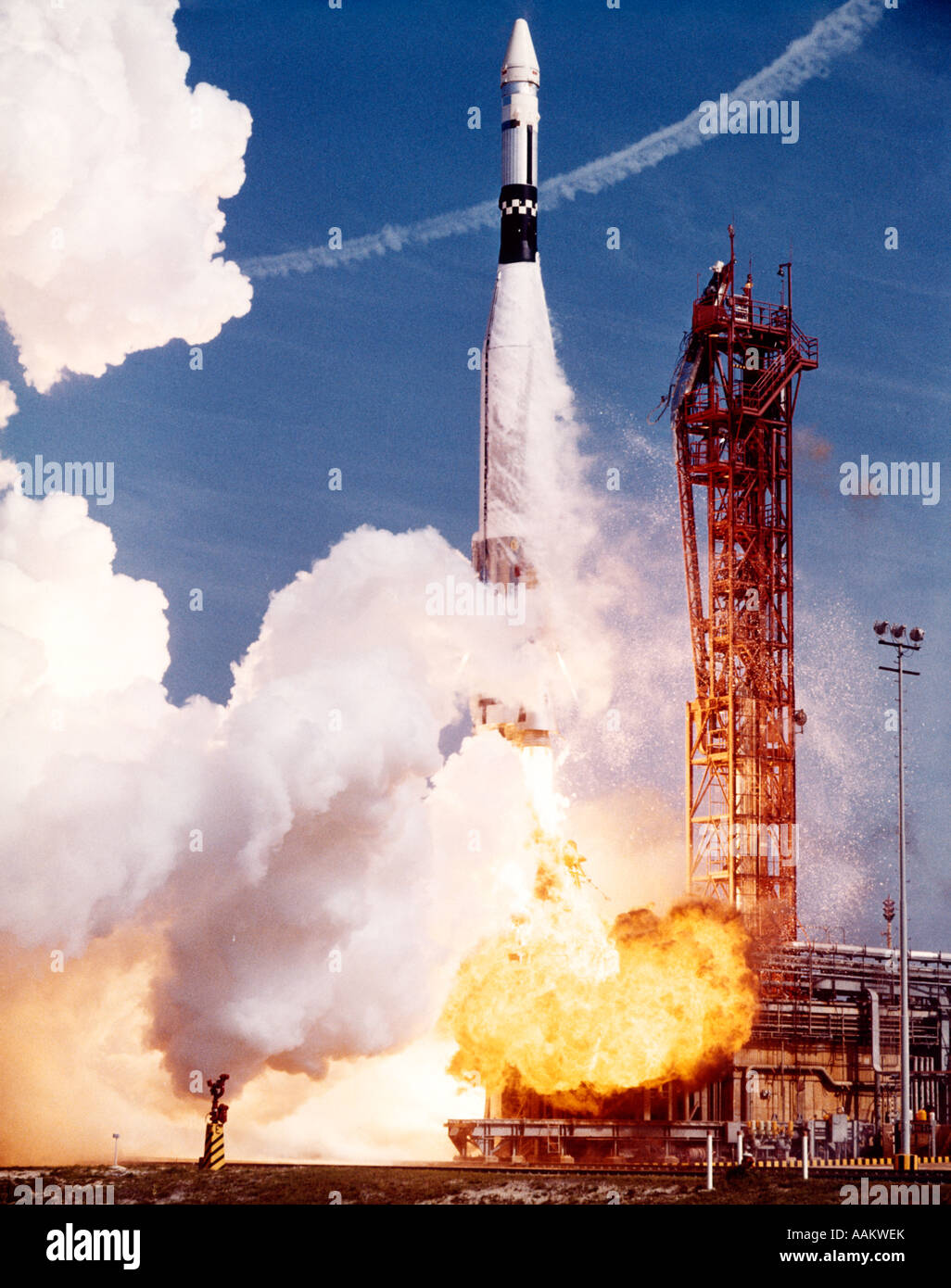 1960s ROCKET LIFTOFF LAUNCH LAUNCHING BY RED GANTRY MISSILE FLAMES ...