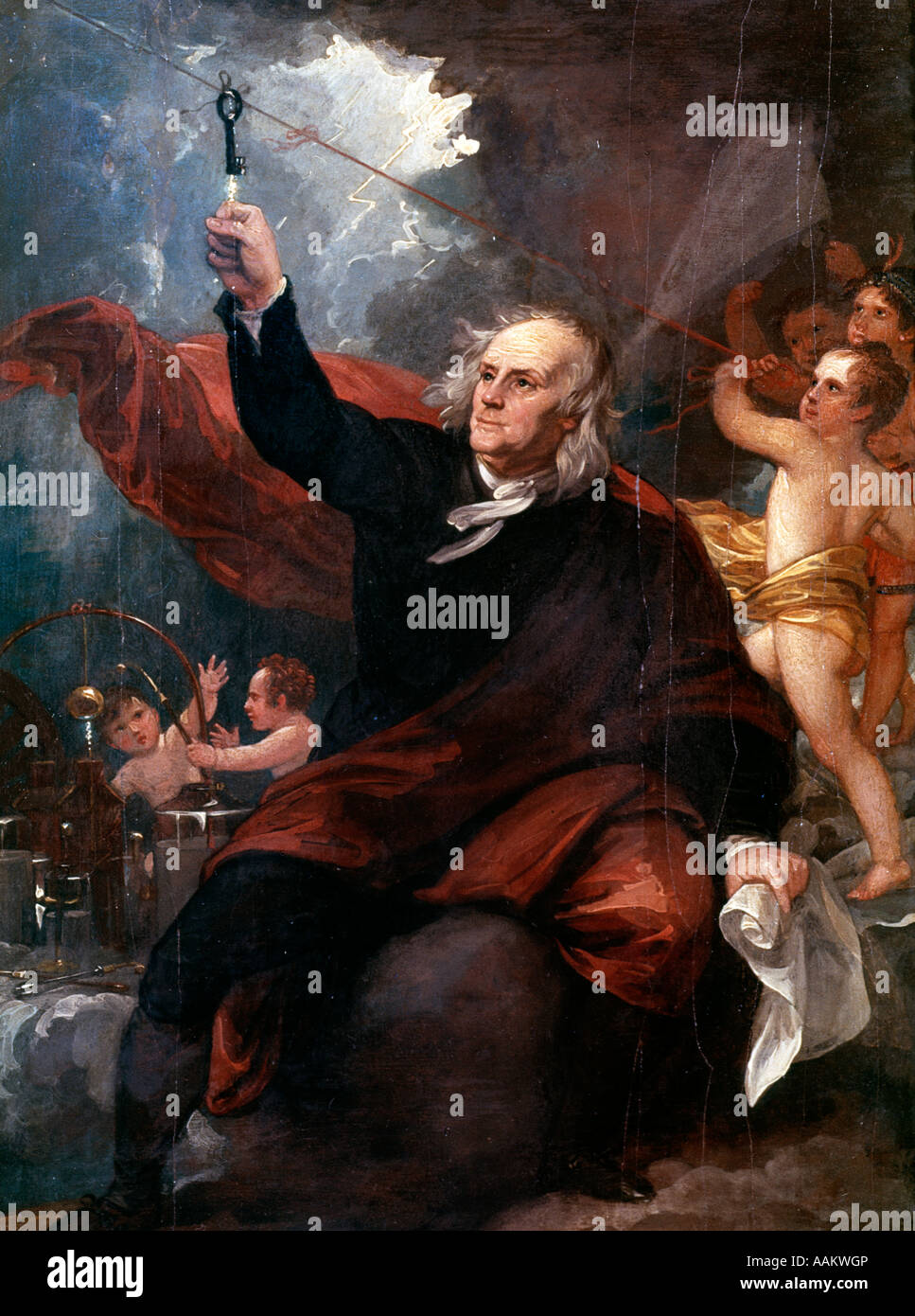 PAINTING OF BENJAMIN FRANKLIN TOUCHING KEY ATTACHED TO KITE STRING IN LIGHTNING STORM FEELING ...