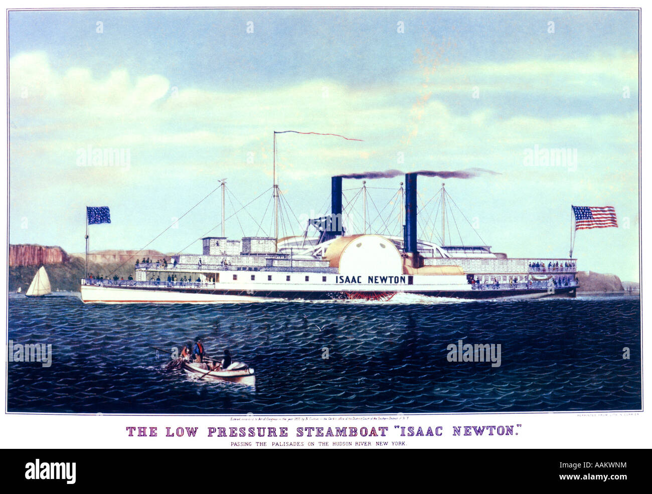 1885 ISAAC NEWTON EARLY STEAMBOAT ON THE HUDSON RIVER OLD LITHOGRAPH BY ...