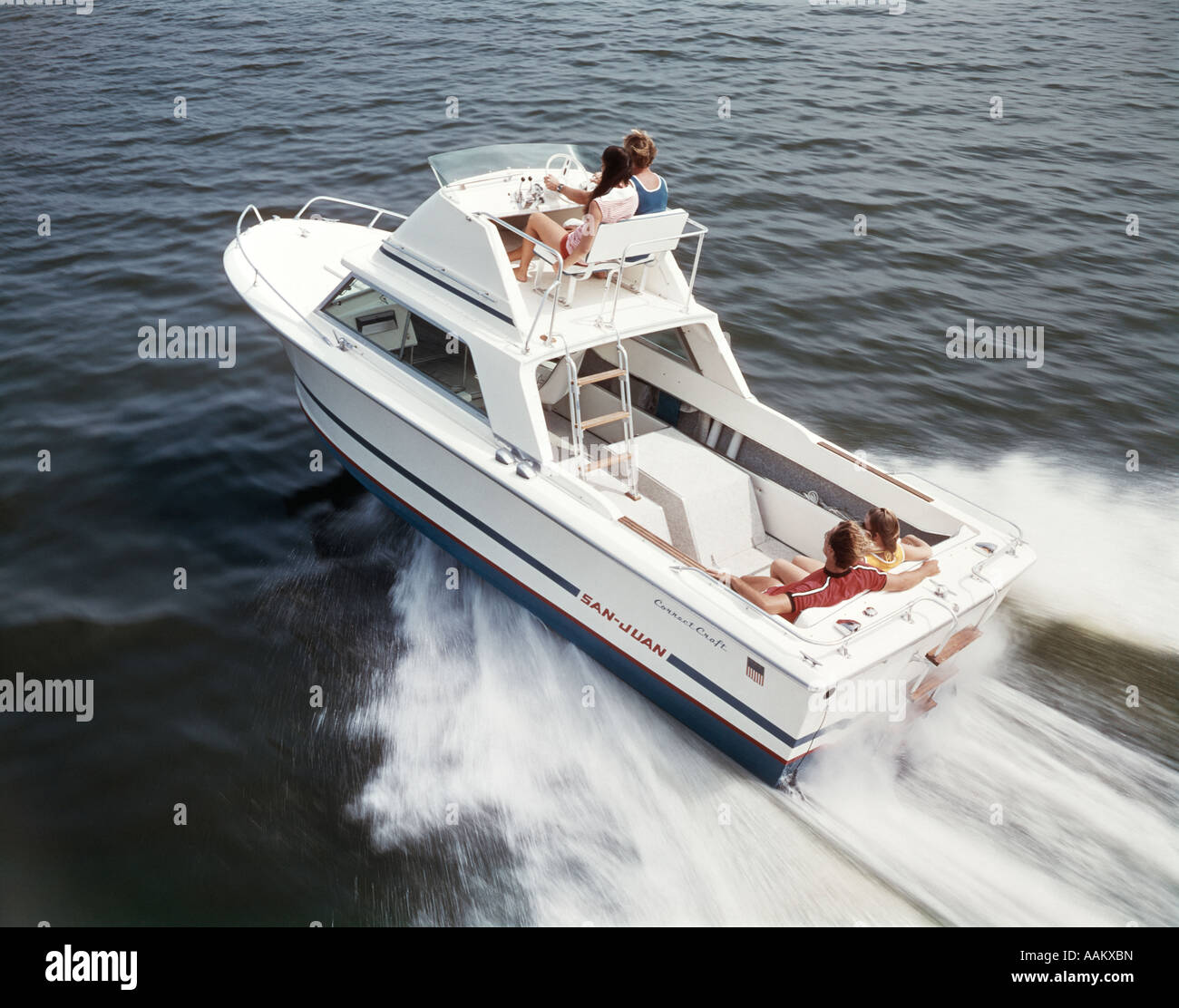 1970s RETRO TWO TEENAGE BOY GIRL COUPLES RIDING IN A FAST INBOARD ...