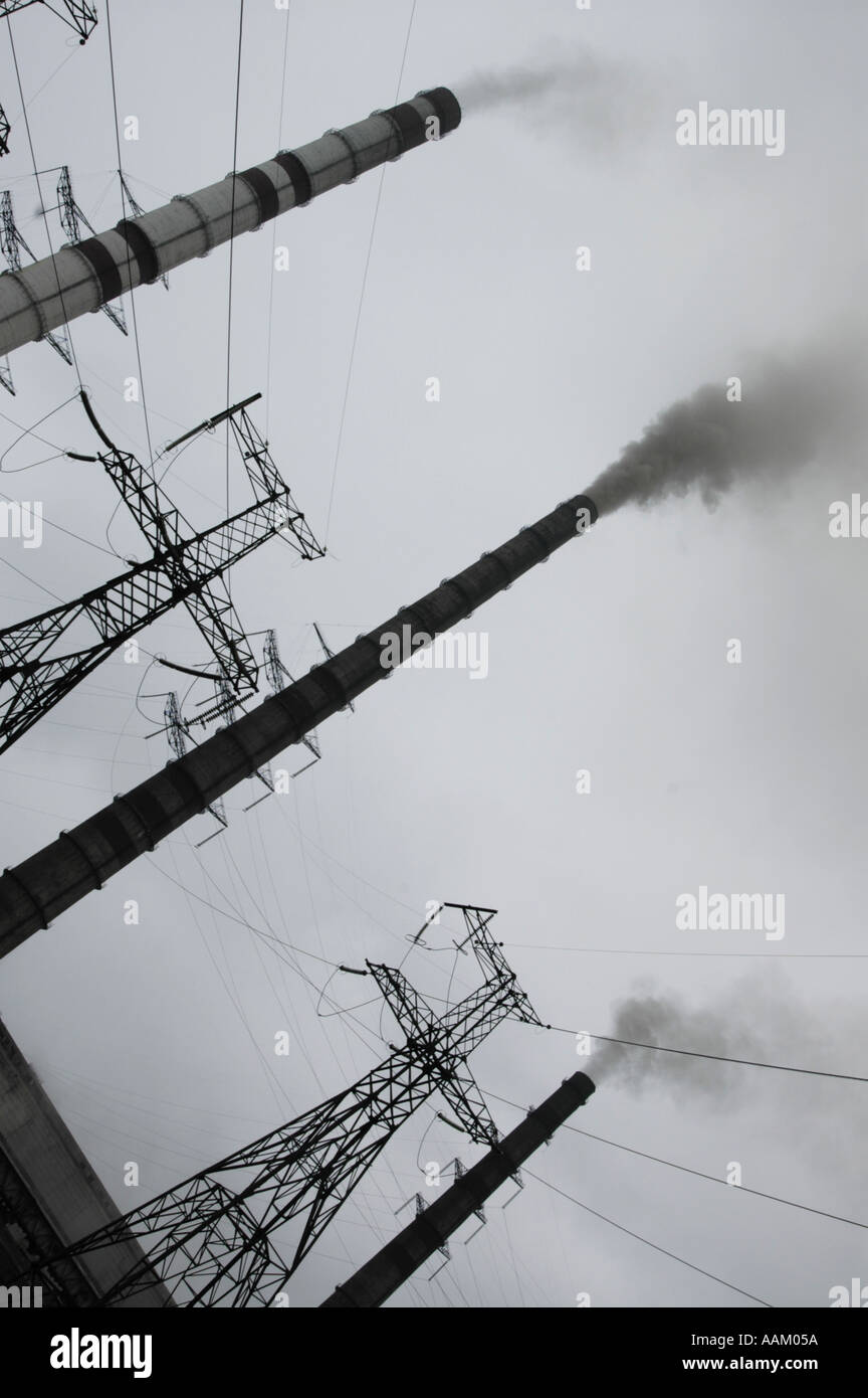 smoke stacks high tension poles Stock Photo - Alamy
