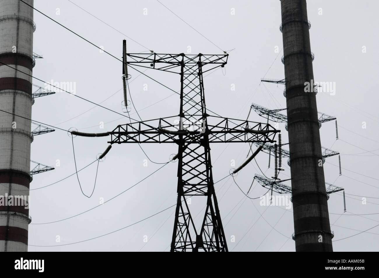 smoke stacks high tension poles Stock Photo - Alamy