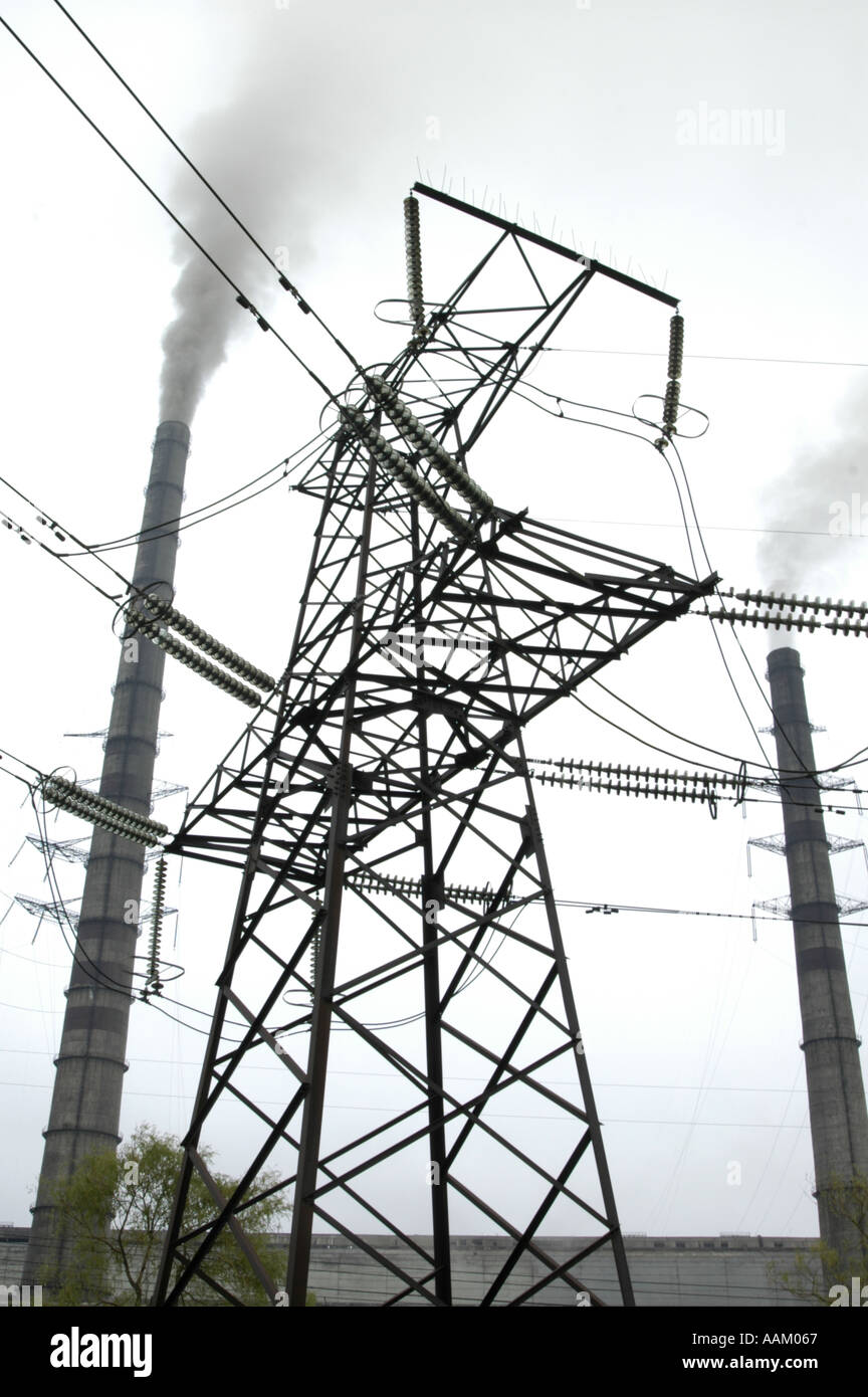 smoke stacks high tension poles Stock Photo - Alamy