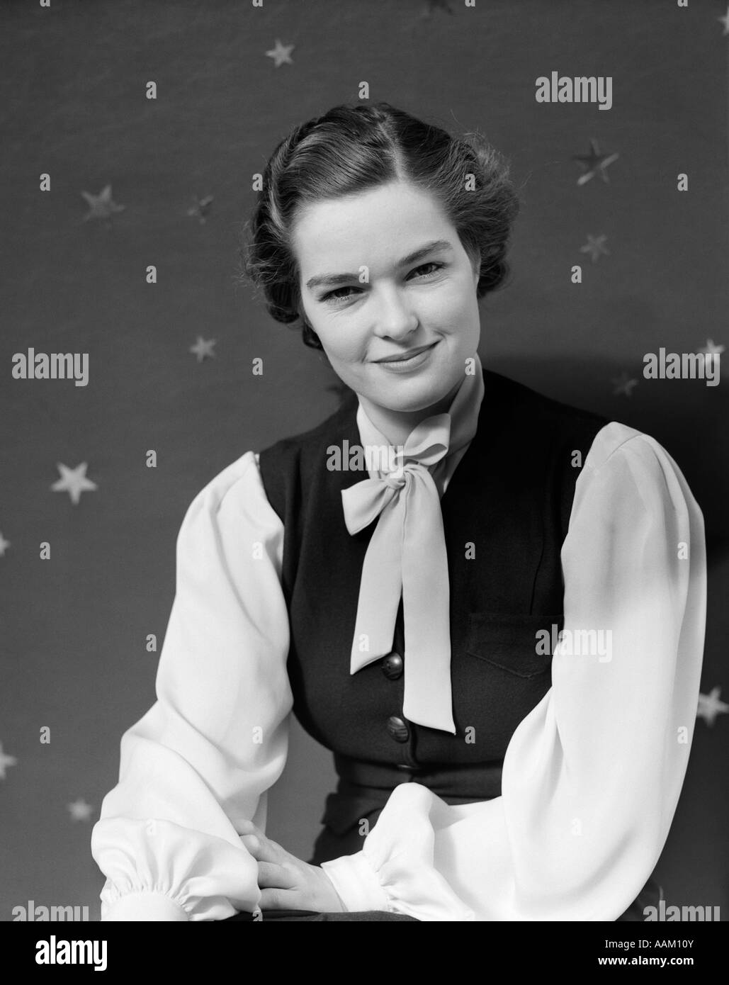1930s WOMAN PORTRAIT SMILING STAR PRINTED BACKDROP WEARING VEST BOW ...