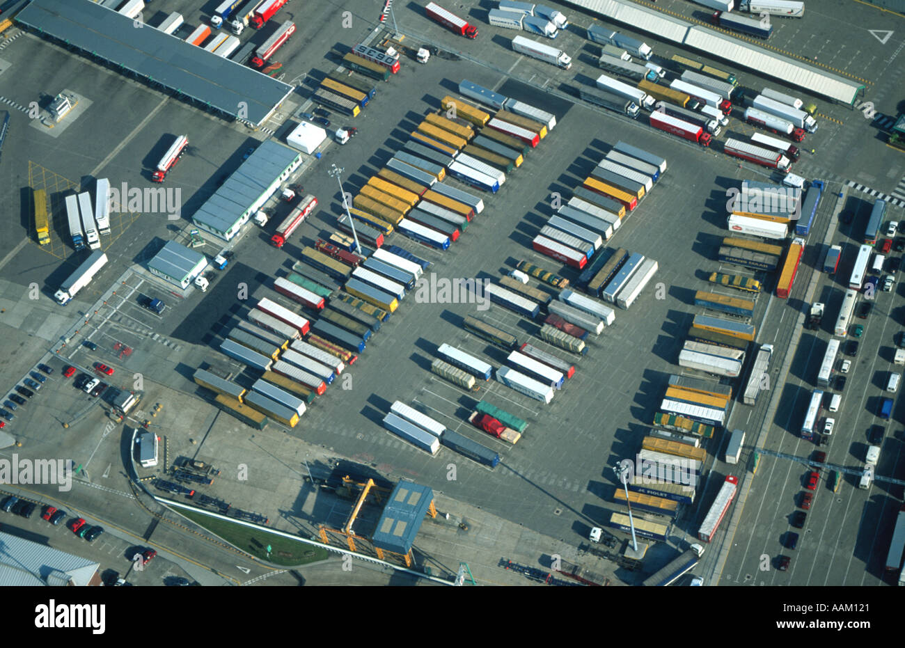 Aerial view of lorries and trailers in Dover docks Kent England Britain ...