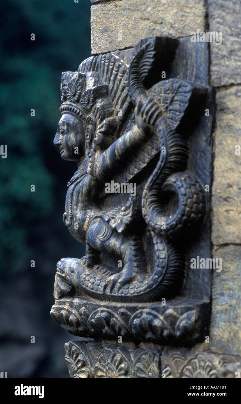 A ancient STONE CARVED GARUDA adorns a temple at the PASHUPATINATH ...
