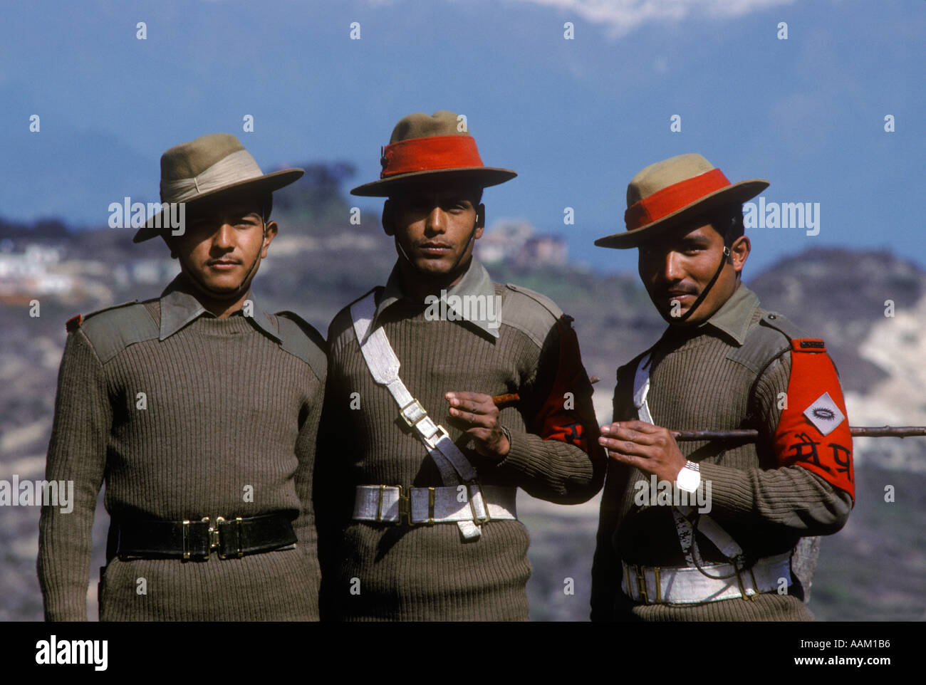 GURKA SOLDIERS with a Himalayan backdrop KATHAMANDU VALLEY NEPAL Stock ...