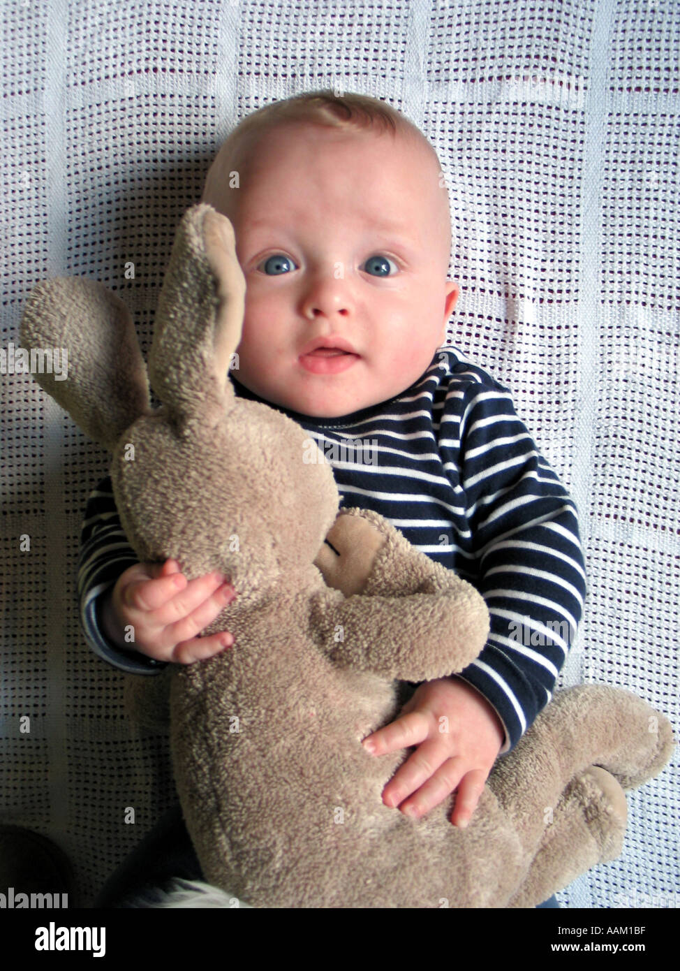 Baby boy hugging soft toy hi-res stock photography and images - Alamy