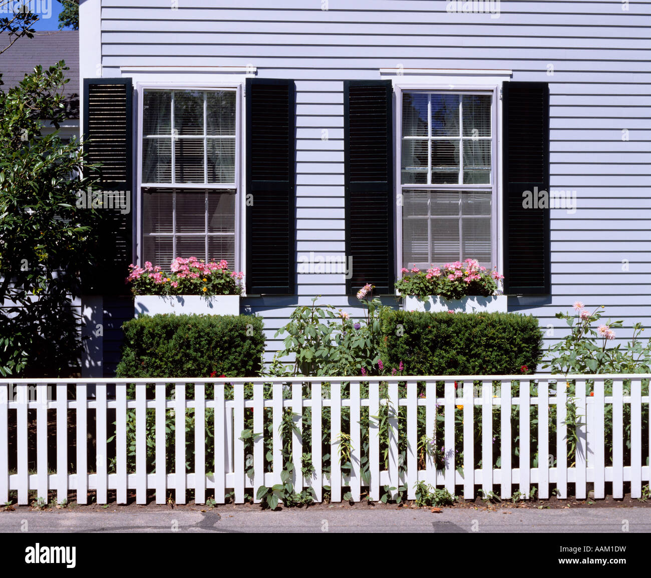 HOUSE WITH WINDOW BOX AND WHITE PICKET FENCE EDGARTOWN Stock Photo - Alamy