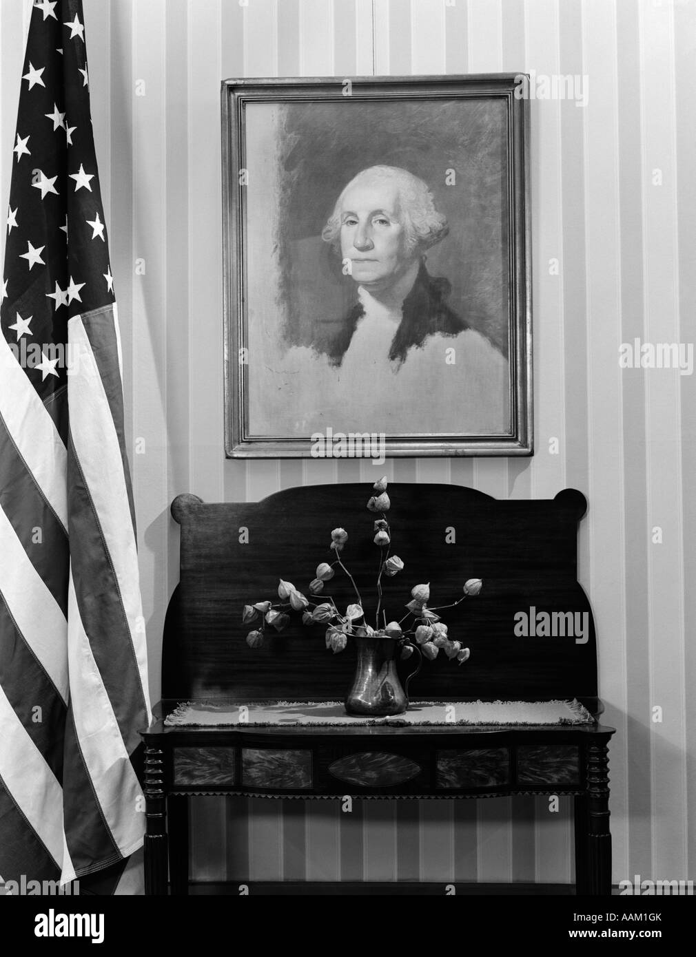 FRAMED PORTRAIT GEORGE WASHINGTON HANGING ABOVE TABLE WITH FLOWER ...