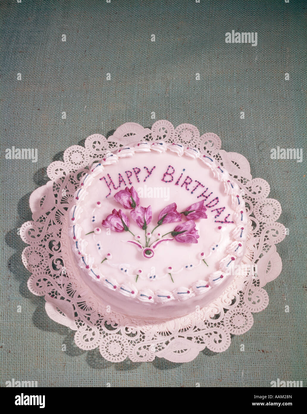 HAPPY BIRTHDAY CAKE WITH WHITE FROSTING AND PINK LETTERS AND FLOWERS ...