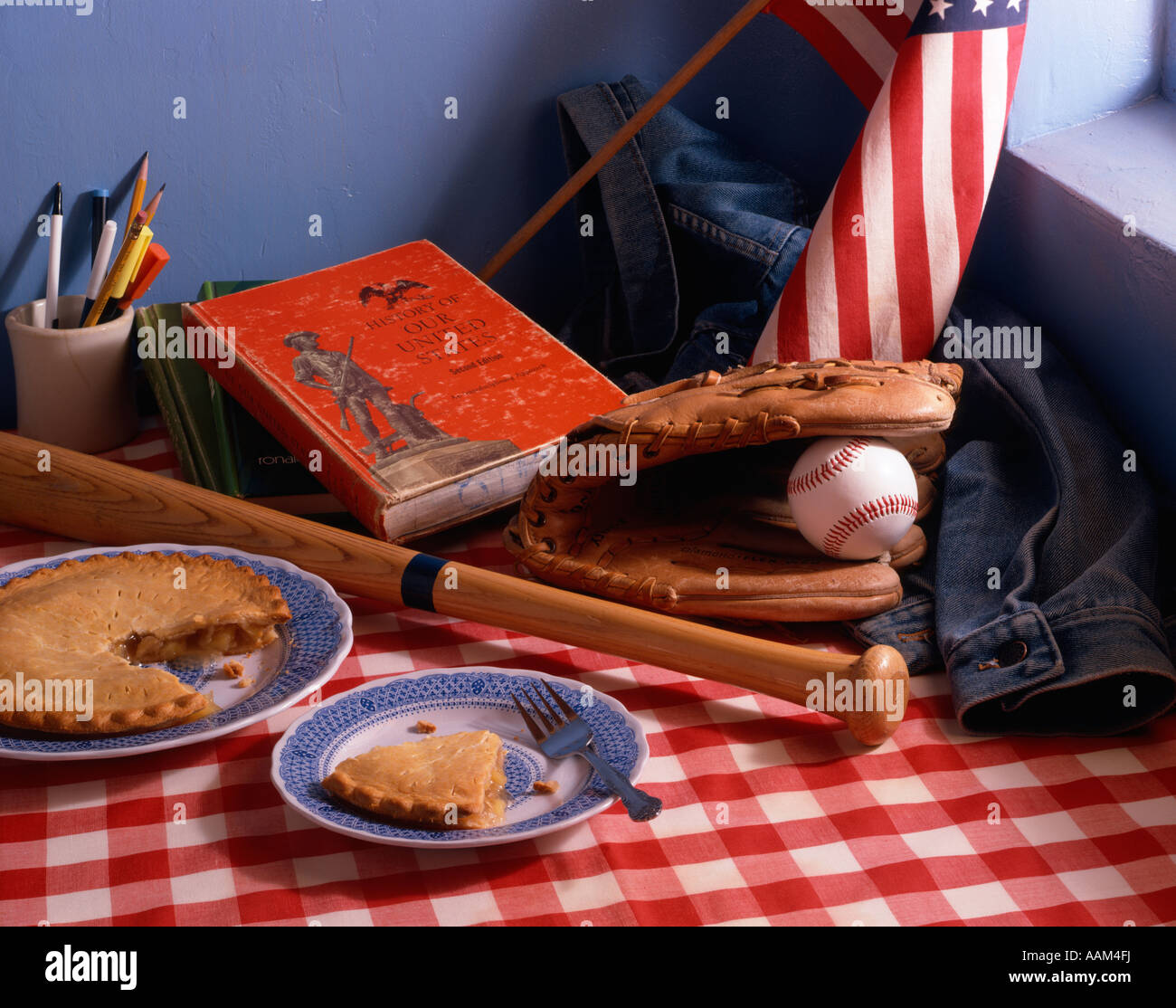 PATRIOTIC STILL LIFE BASEBALL APPLE PIE AMERICAN FLAG BLUE JEANS AND ...