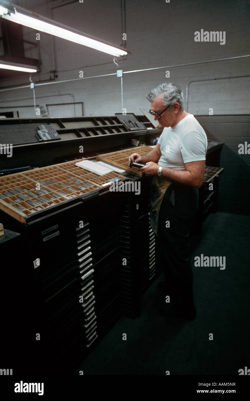 1960s MAN TYPESETTER SETTING PRINTING TYPE BY HAND FROM TYPE FONT ...