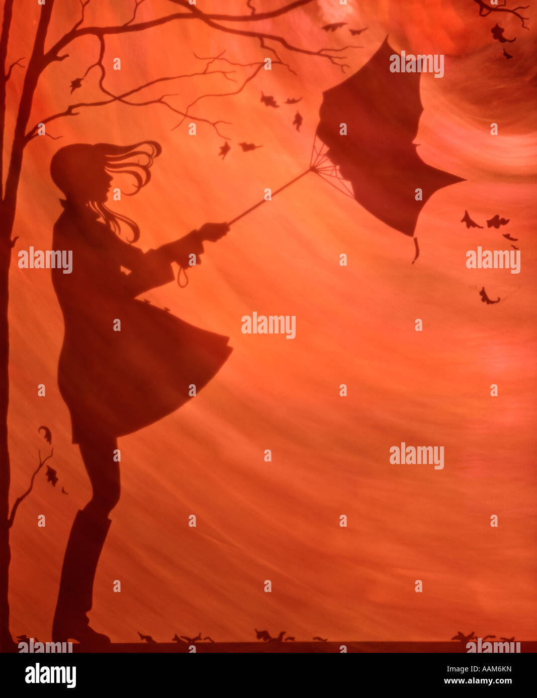 ILLUSTRATION SILHOUETTE OF GIRL HOLDING UMBRELLA BLOWING AWAY RAINCOAT ...