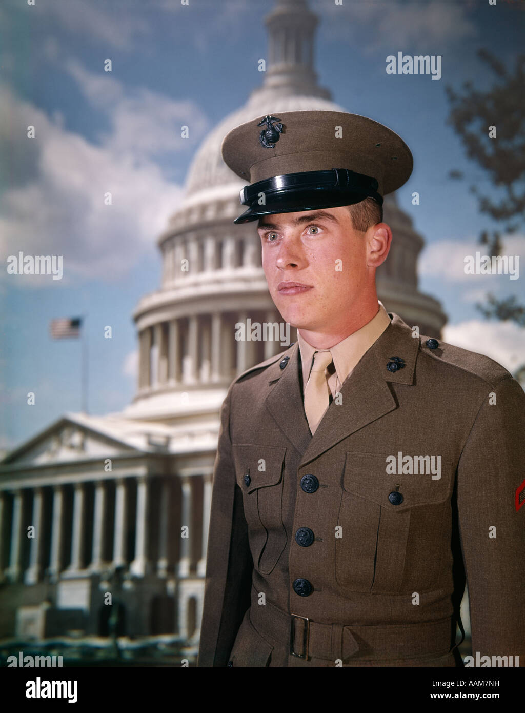 1960s 1970s YOUNG MAN US MARINE UNIFORM PORTRAIT BEFORE CAPITOL ...