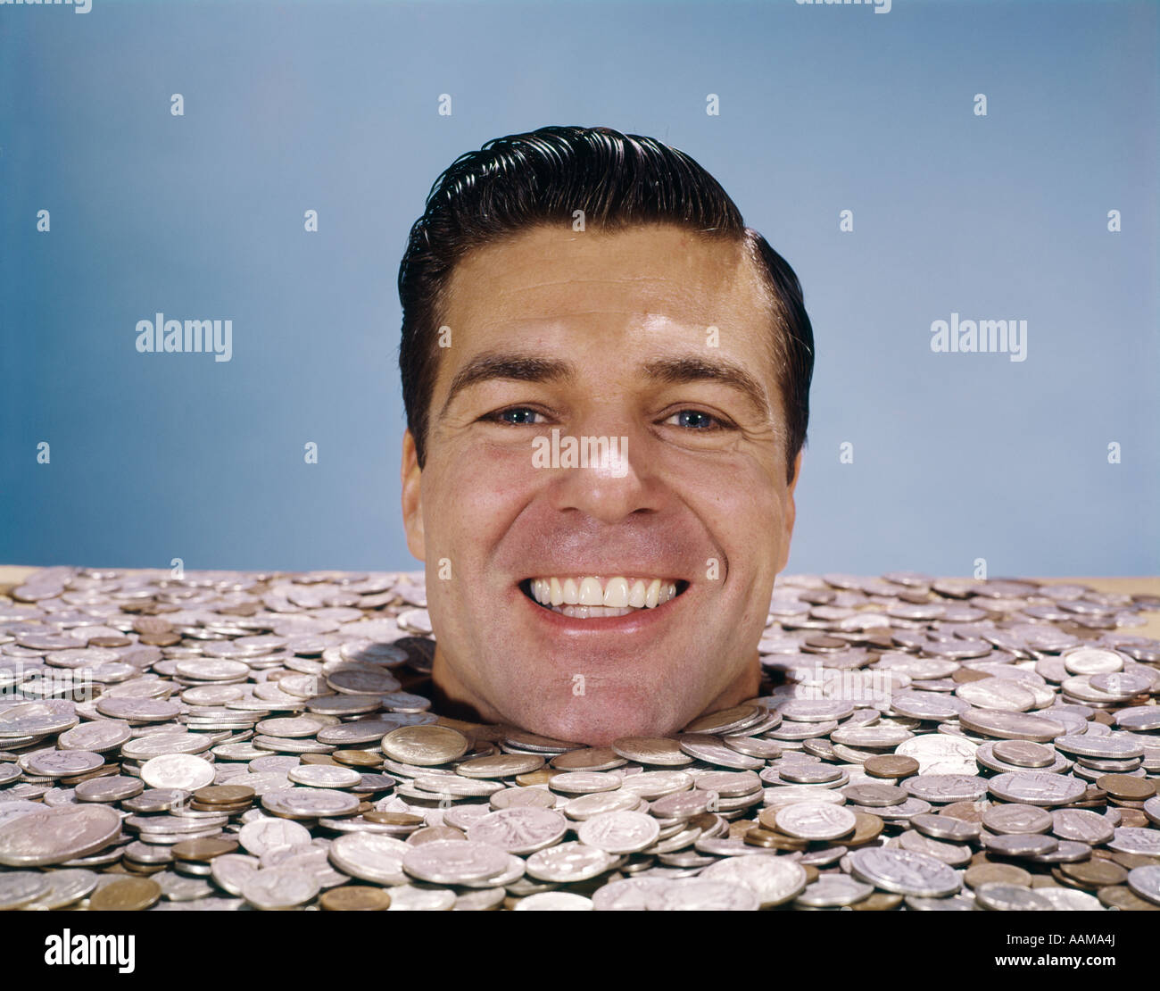 1960s MANS HEAD FACE BURIED UP TO NECK IN COINS MONEY HAPPY WEALTH LUCK ...