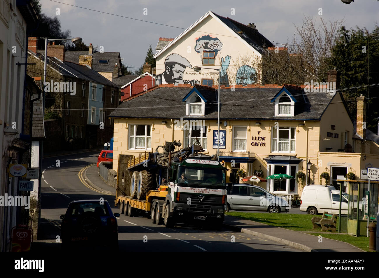 Talybont Ceredigion Wales white lion pub in the square with the mural ...