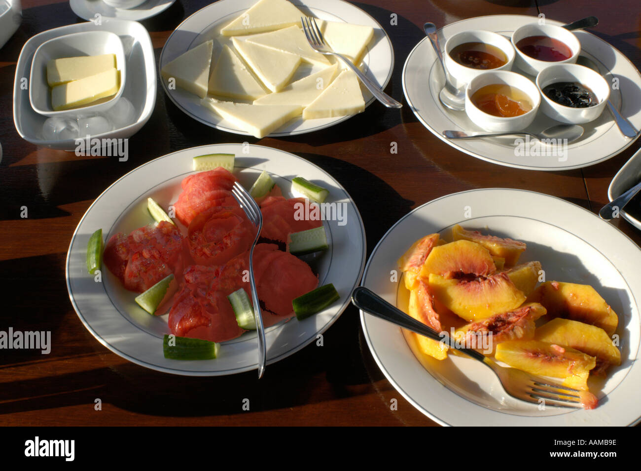 Turkey, Southwest. Bay of Fethiye. Typical Turkish breakfast of fruit ...