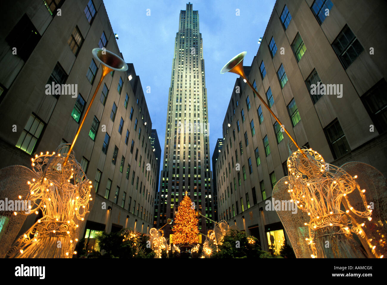 NEW YORK NEW YORK ROCKEFELLER CENTER ANGELS AND CHRISTMAS TREE AT NIGHT ...