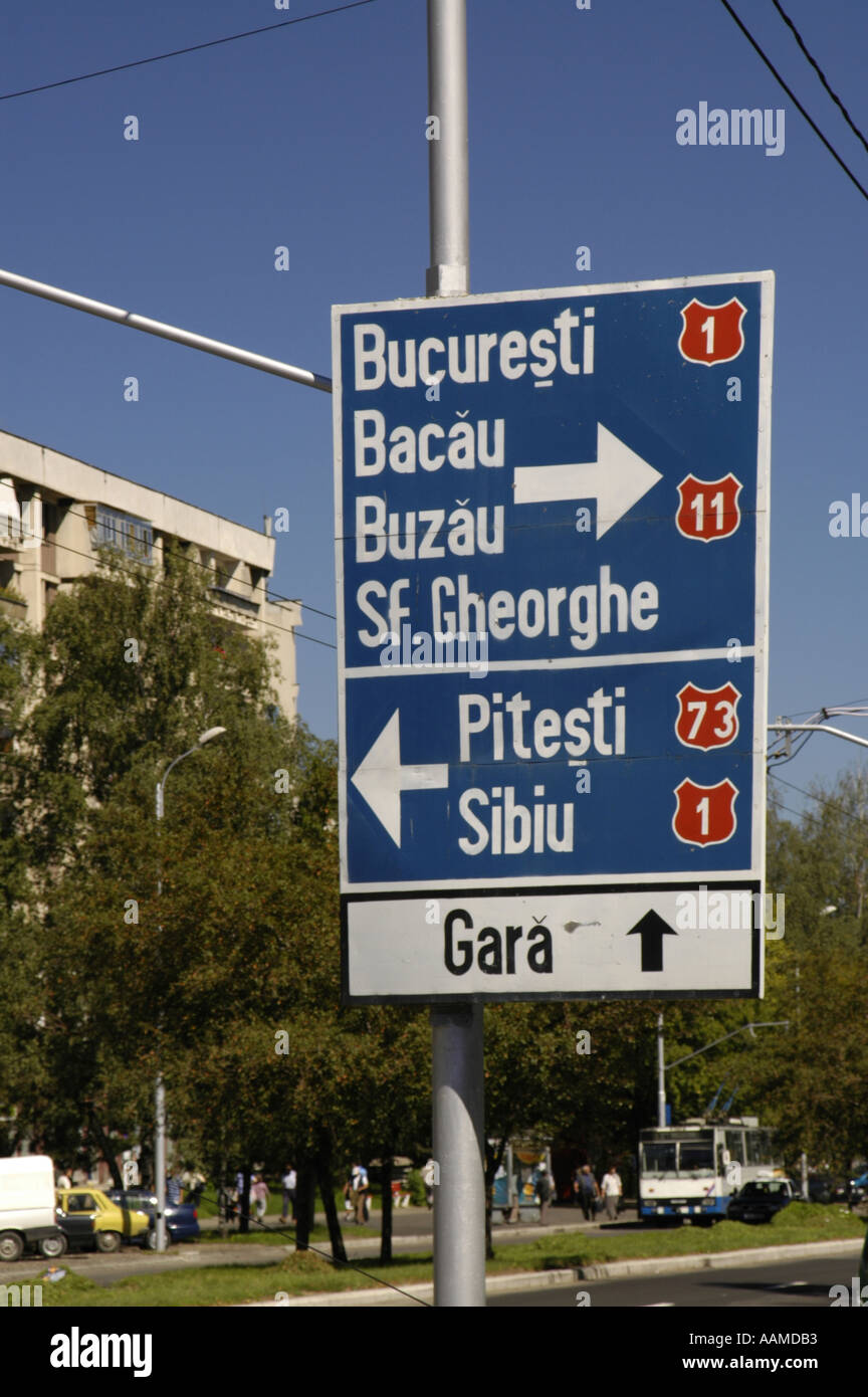 Brasov, sign for Bucuresti / Bucarest, Pitesti, Sibiu Stock Photo - Alamy