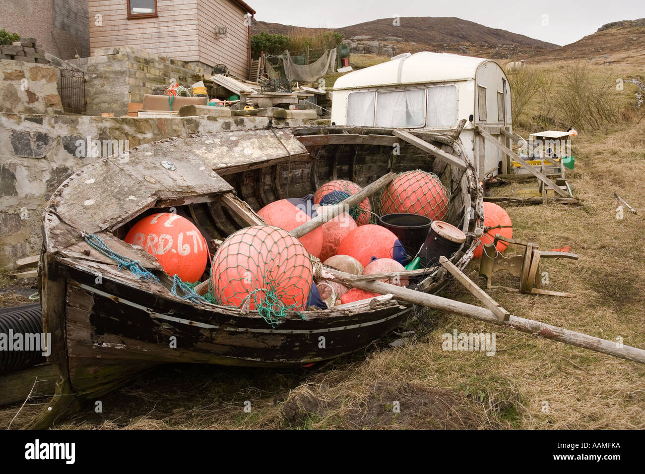 UK Scotland Western Isles Outer Hebrides Barra Castlebay boat full of ...