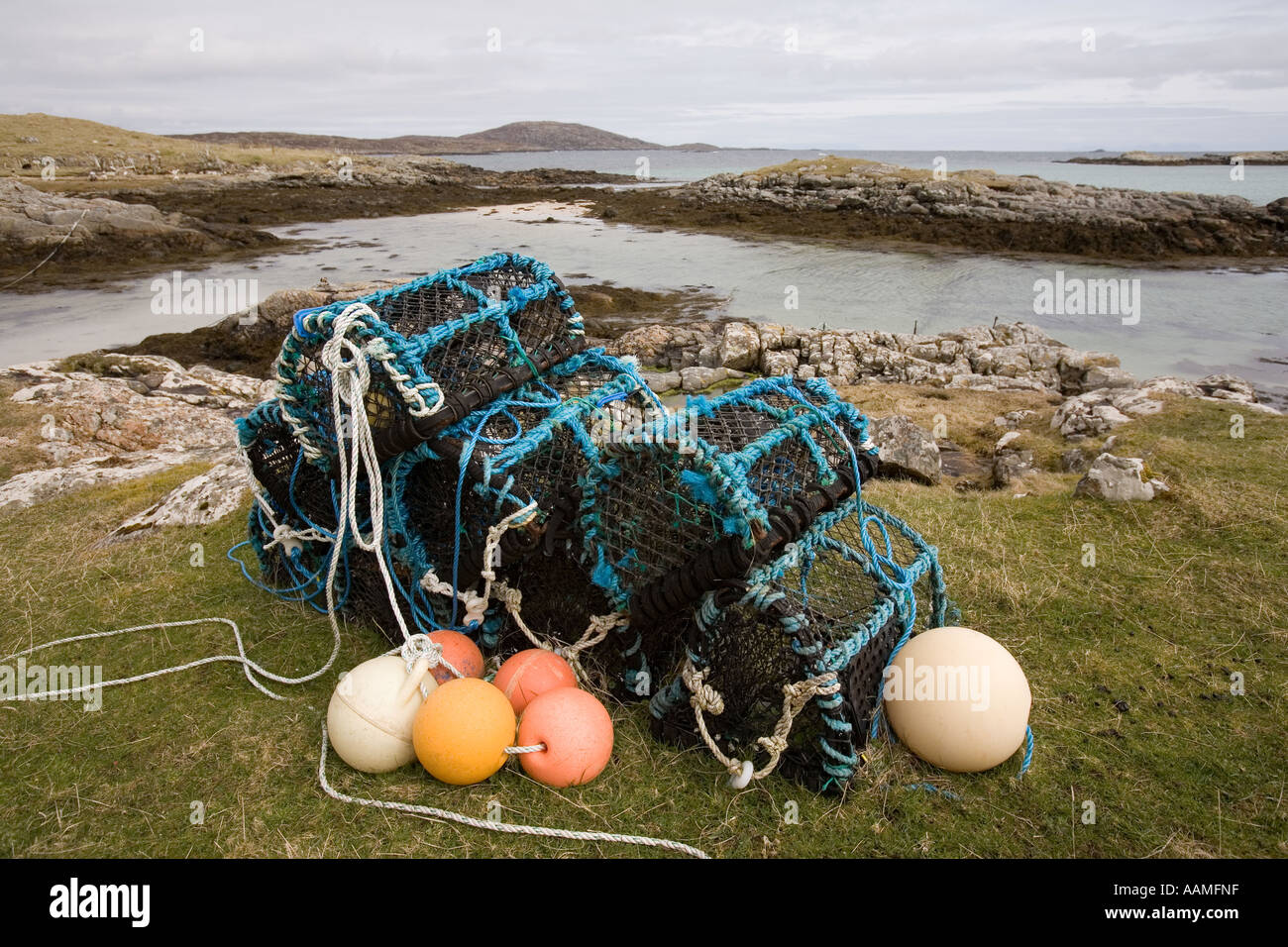 UK Scotland Western Isles Outer Hebrides Barra Earsairdh Lobster pots ...