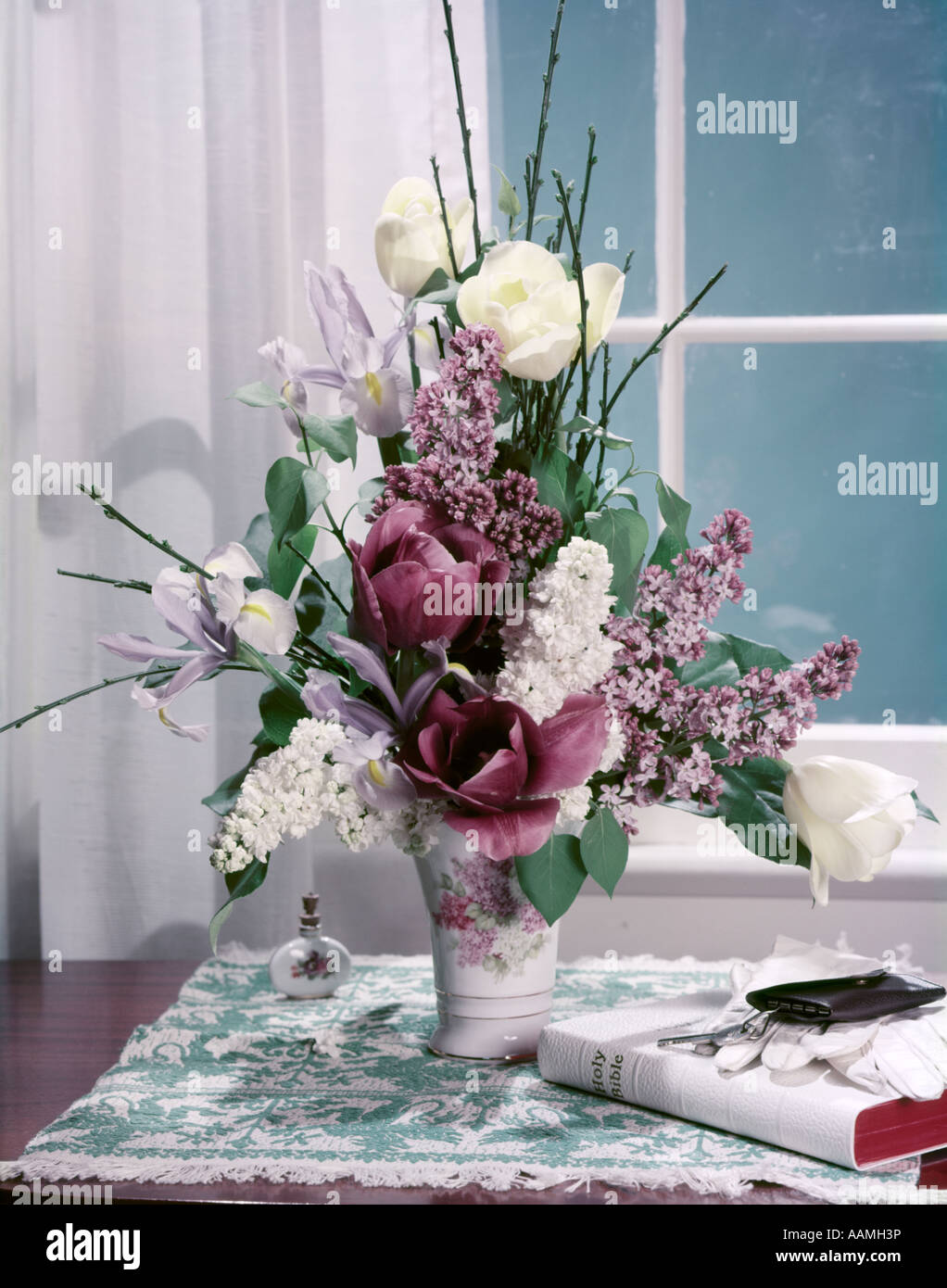 1950 1950s STILL LIFE SPRING BOUQUET LILACS TULIPS HOLY BIBLE ON ...