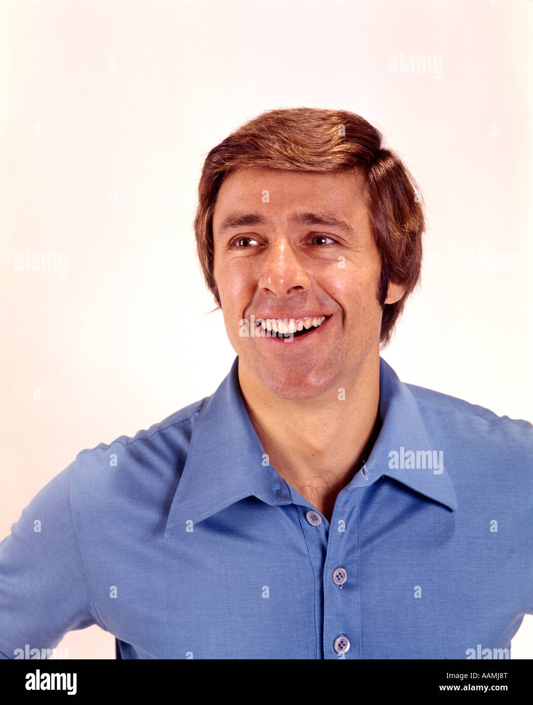 1970 1970s MAN PORTRAIT HEAD SHOULDERS BLUE SHIRT LAUGH LAUGHING ...