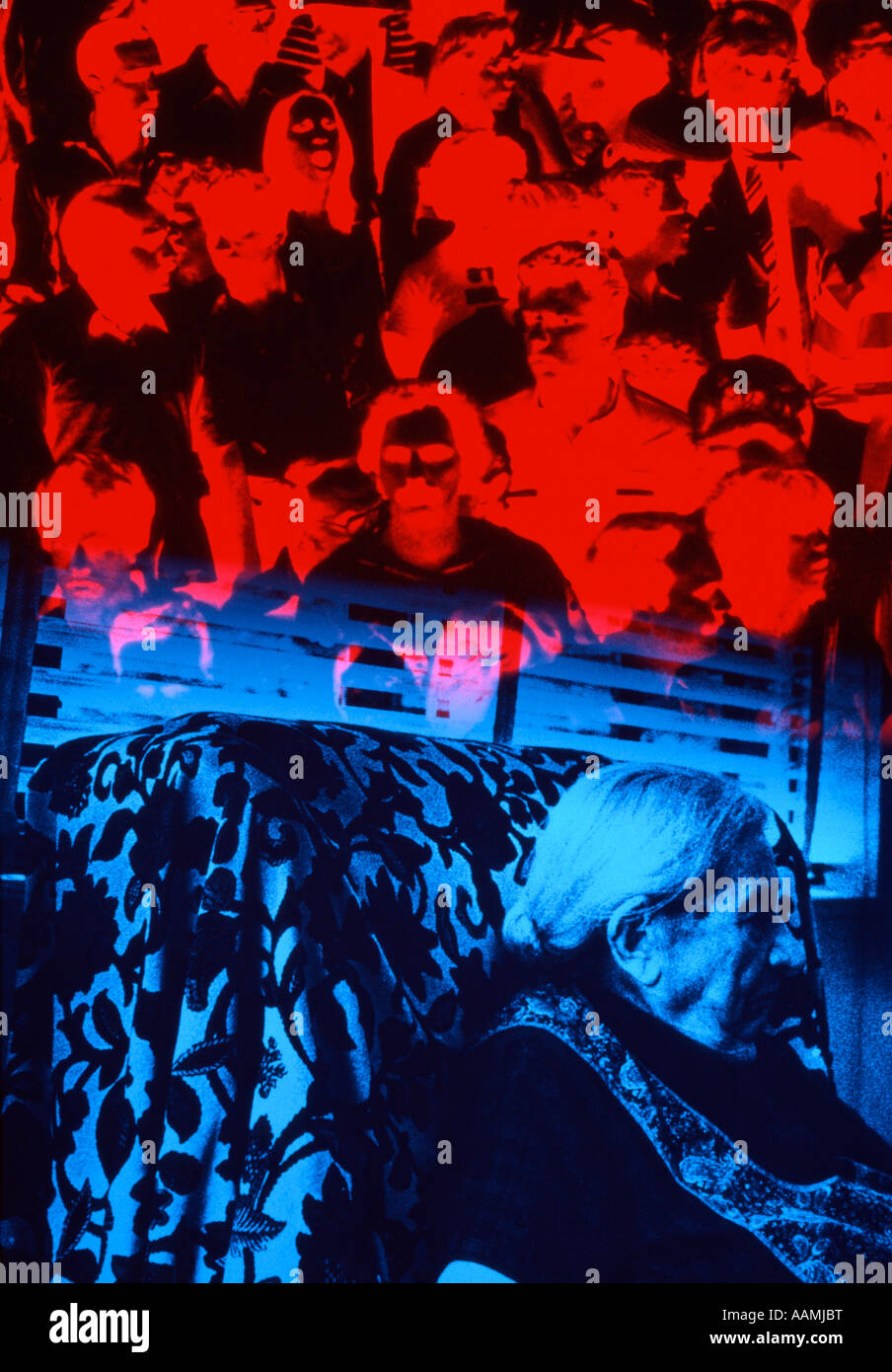COMPOSITE OF CROWD AND WOMAN LOOKING OUT WINDOW SITTING IN CHAIR RED ...