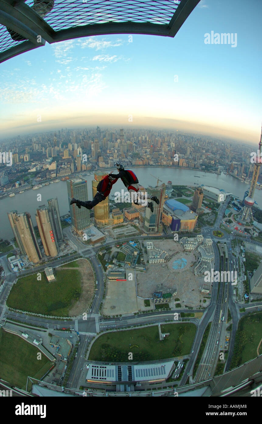 Base jumper jin mao tower shanghai china extreme sport hi-res stock ...