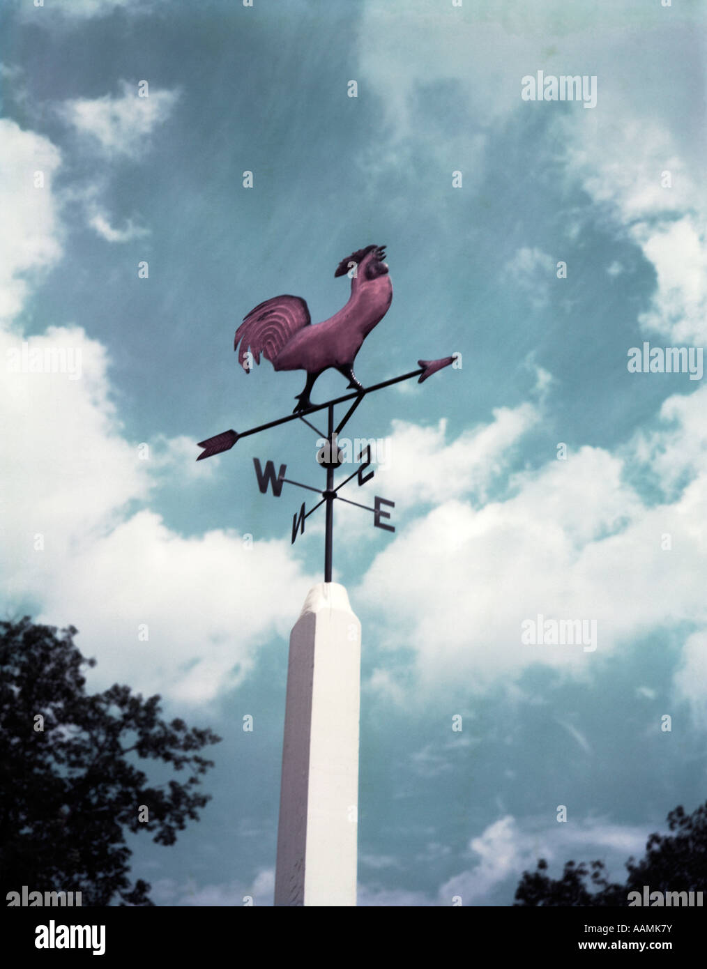 1950s ROOSTER WEATHER VANE ATOP WHITE POLE BLUE SKY CLOUDS NORTH SOUTH ...