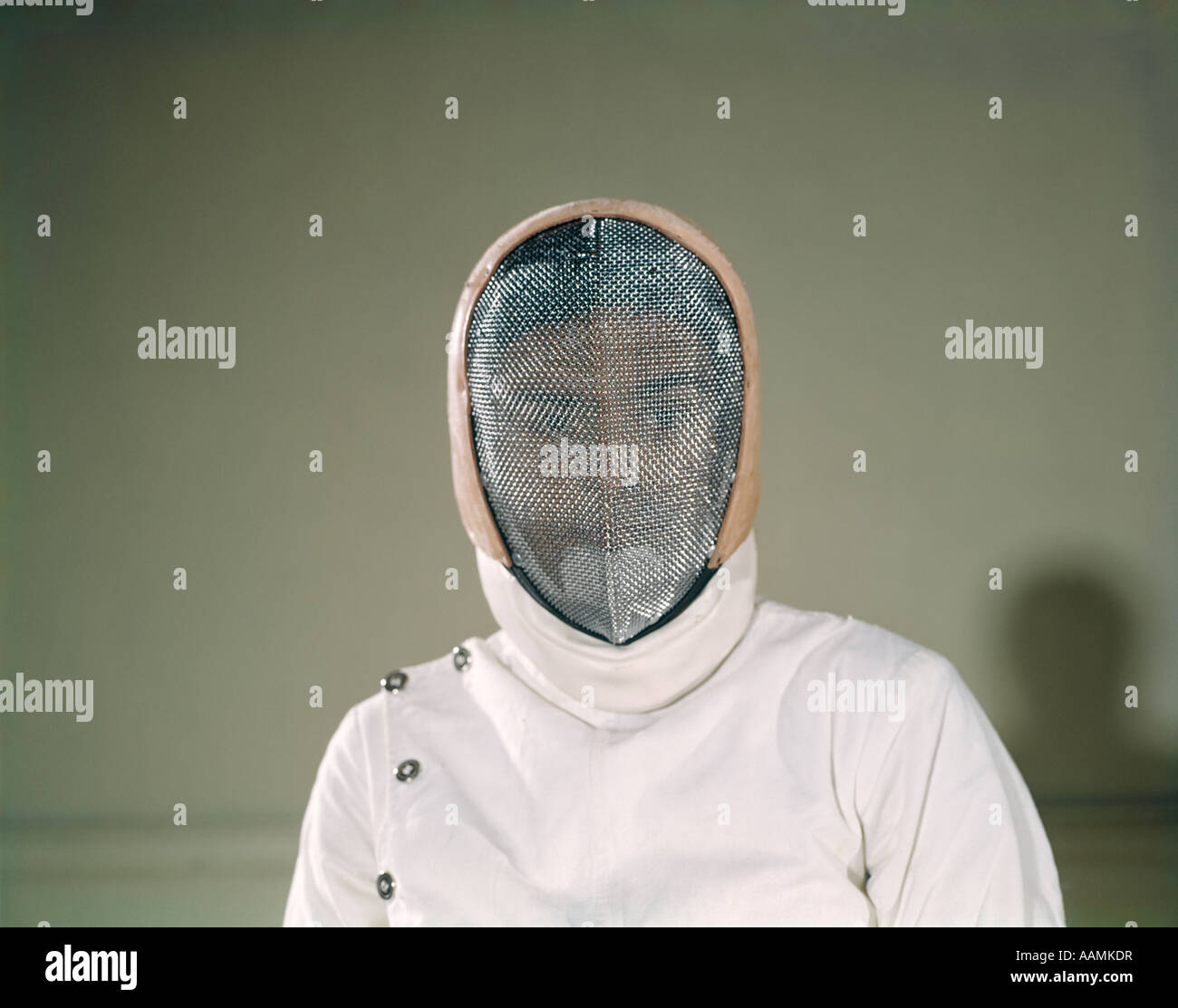 1960s FENCER WEARING PROTECTIVE SCREEN MASK SAFETY IDENTITY BLANK ...