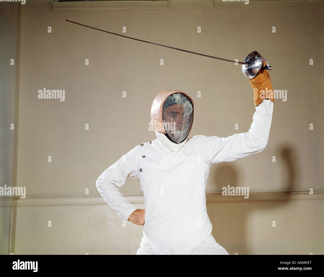 1960s MAN PROTECTIVE CLOTHING HELMET WIRE FACE MASK HOLDING WAVING FOIL ...