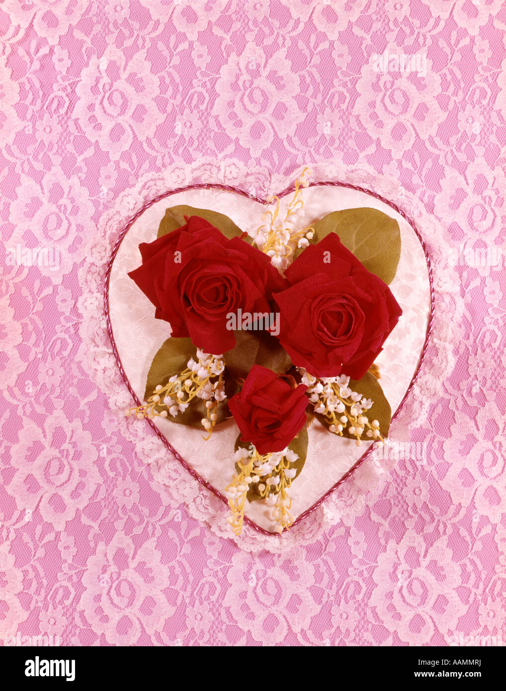 1970s LACE VALENTINE HEART RED ROSES LILY OF VALLEY Stock Photo - Alamy