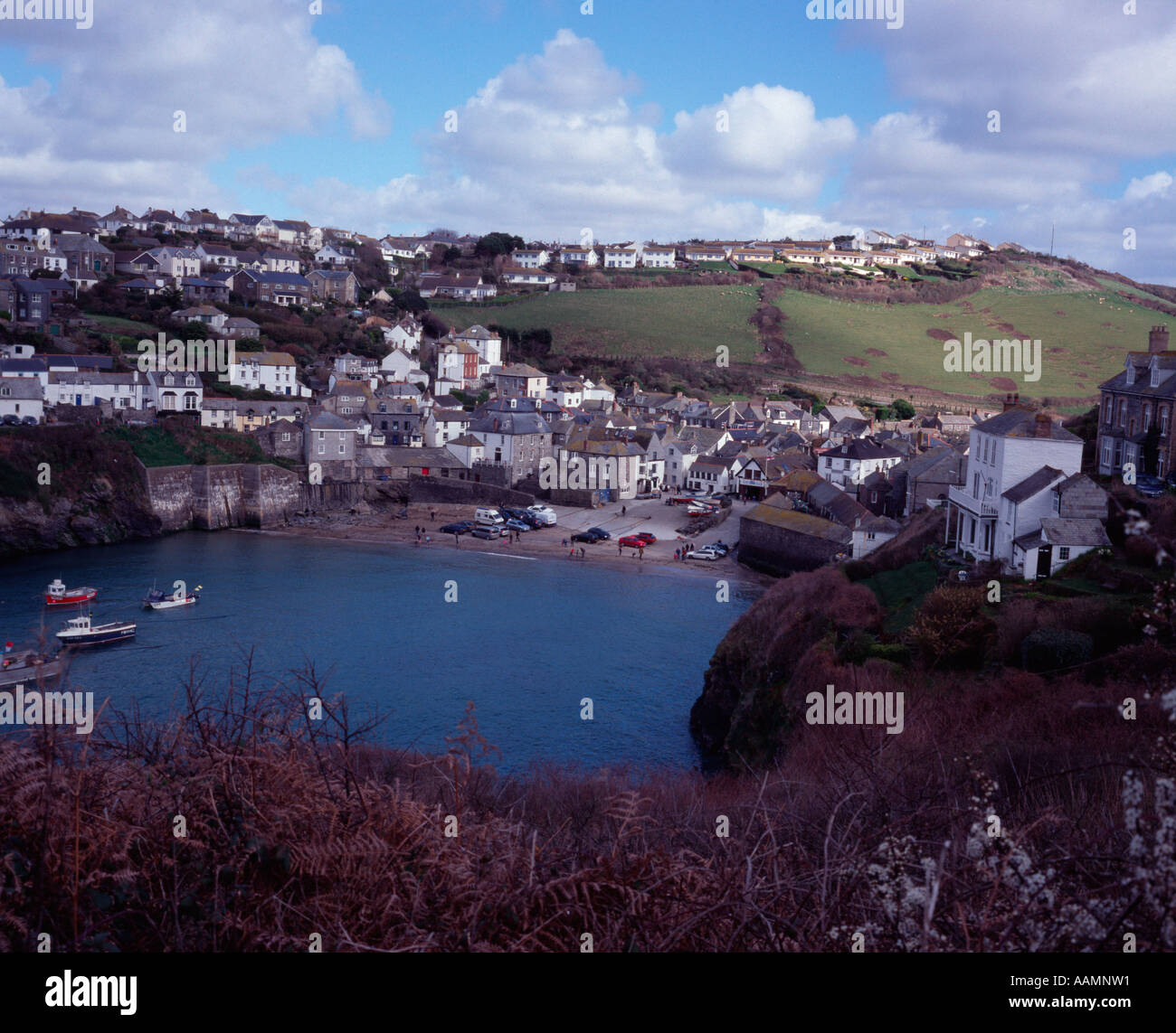 View from the coastal path of the fishing village of Port Isaac ...
