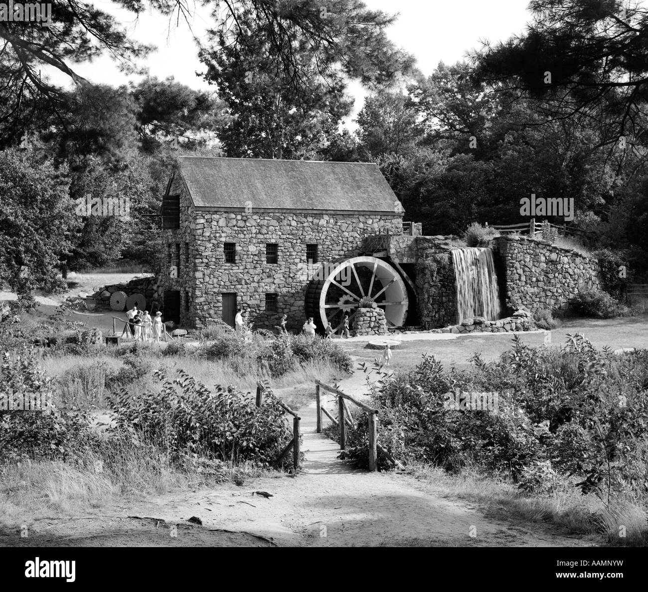 RUSTIC GRIST MILL WITH STONE STRUCTURE & WATERFALL SUDBURY MASS Stock ...