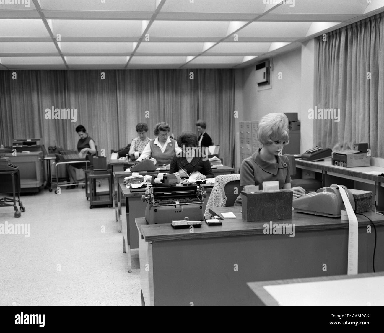 1960s 6 WOMEN AT DESKS IN ACCOUNTING OFFICE INTERIOR ADDING MACHINES ...