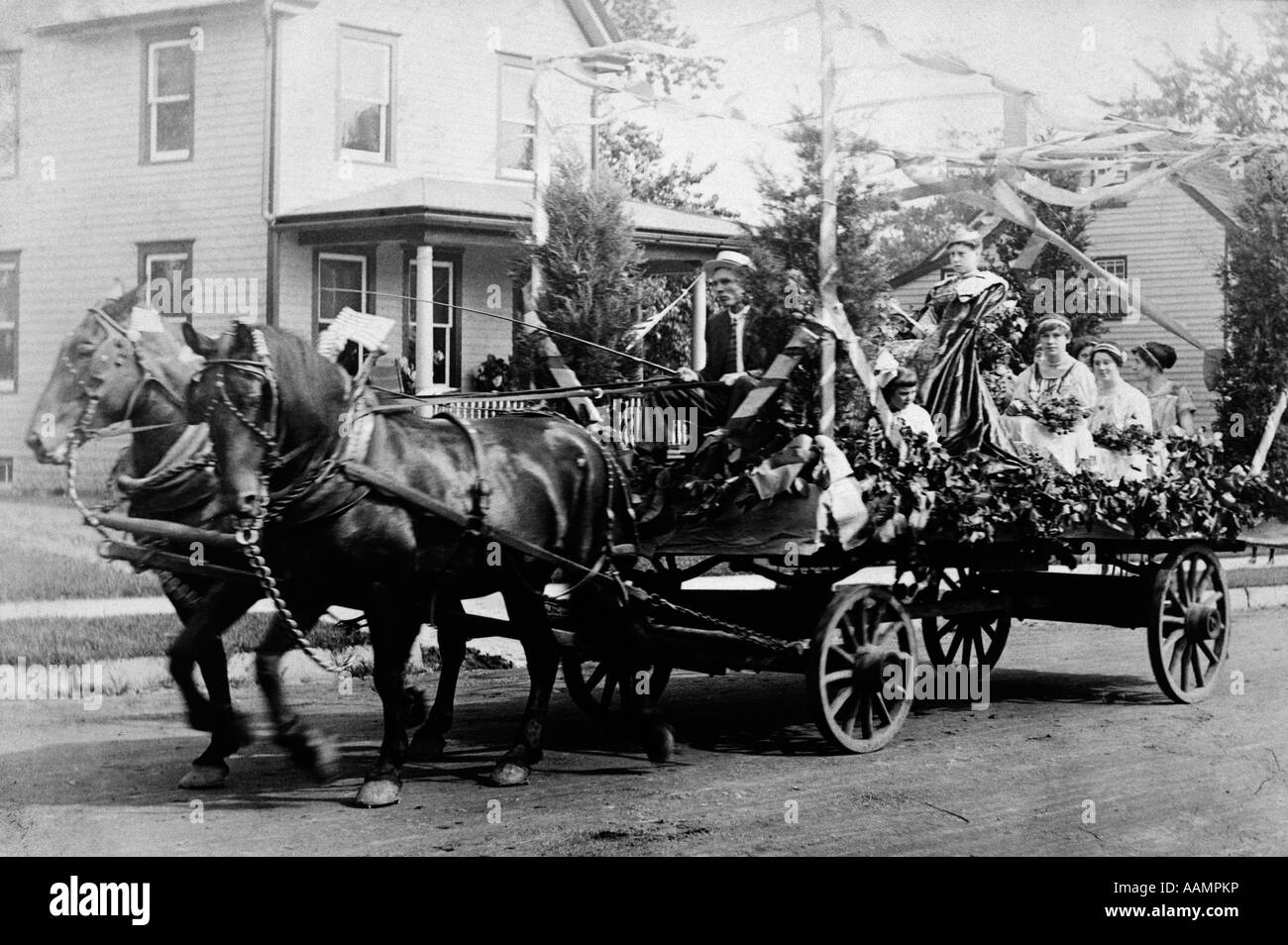 1890s 1900s TURN OF THE CENTURY HORSE & WAGON IN PARADE DECORATED WITH ...