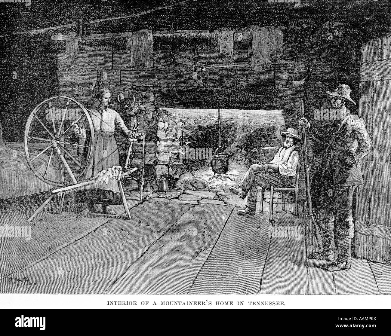ENGRAVING 1800s INTERIOR OF TENNESSEE MOUNTAINEER'S WITH HOME PLANK ...