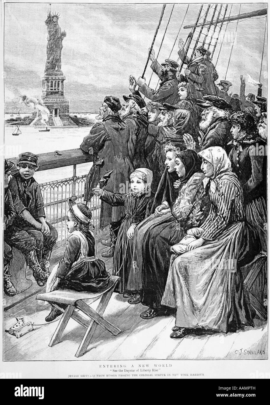 Immigrants looking at statue of liberty High Resolution Stock ...