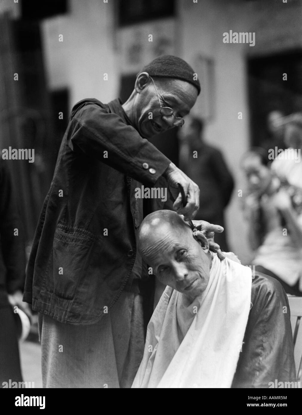 1920s 1930s CHINESE MAN SIDEWALK BARBER IN SKULL SHAVING ANOTHER MAN'S ...