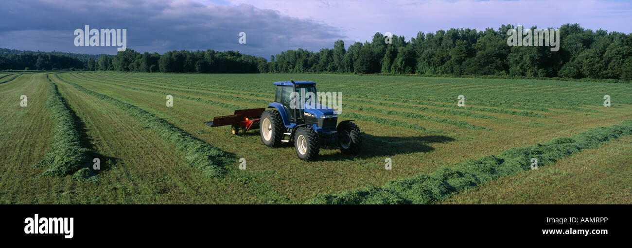 4 WHEEL DRIVE 8670 FORD TRACTOR WITH NEW HOLLAND WINDROWER IN FIELD OF ...