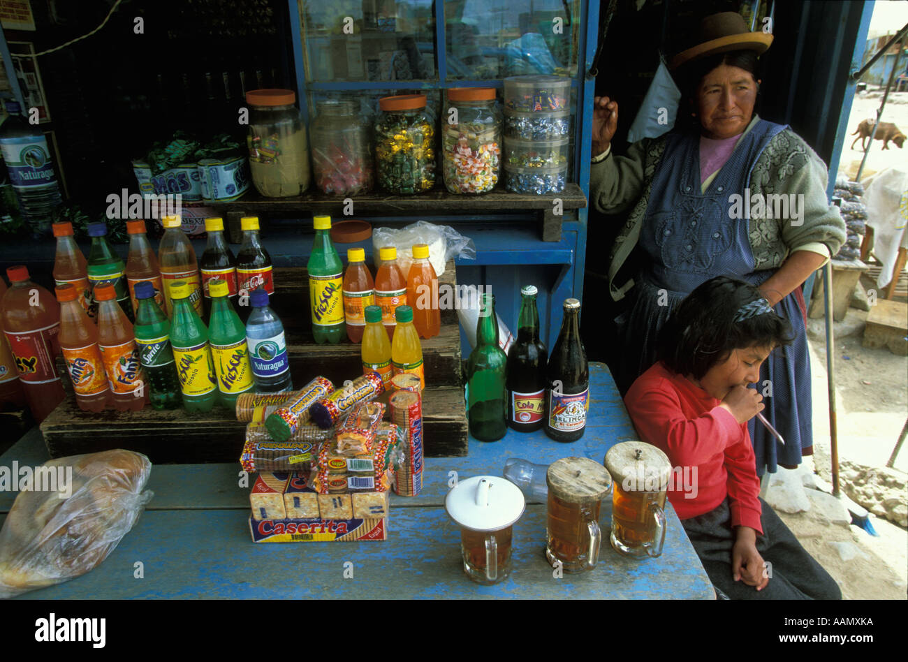 An Indian Bolivian woman and girl sell soda and candy in a small shop ...
