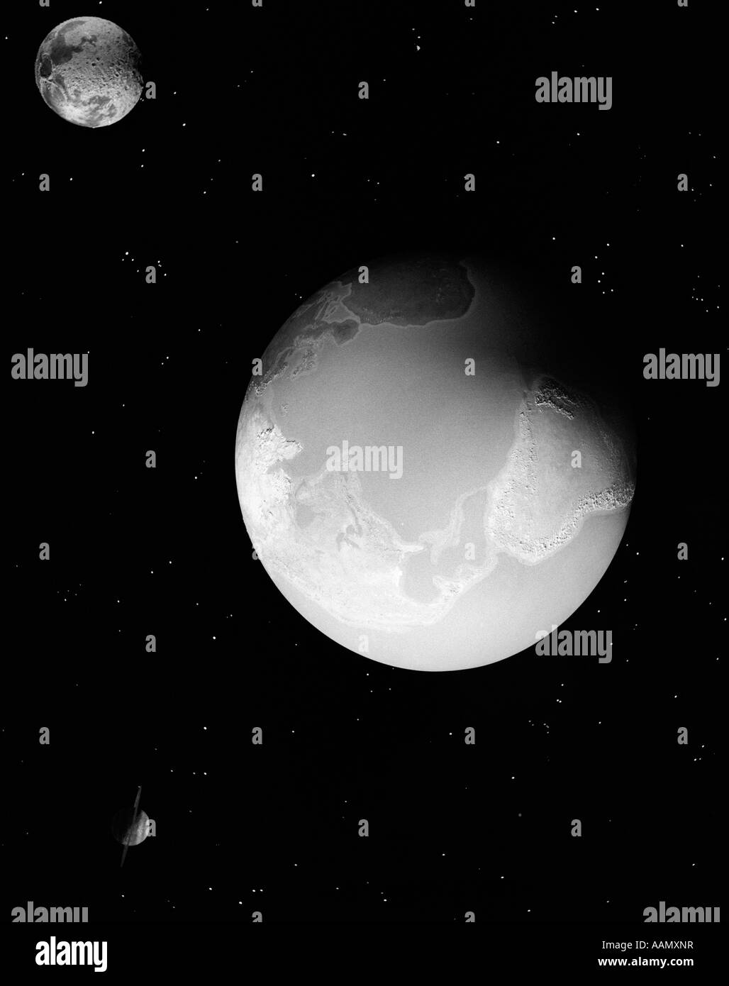 1960s ILLUSTRATION OF EARTH A QUARTER IN DARKNESS & MOON OFF IN ...