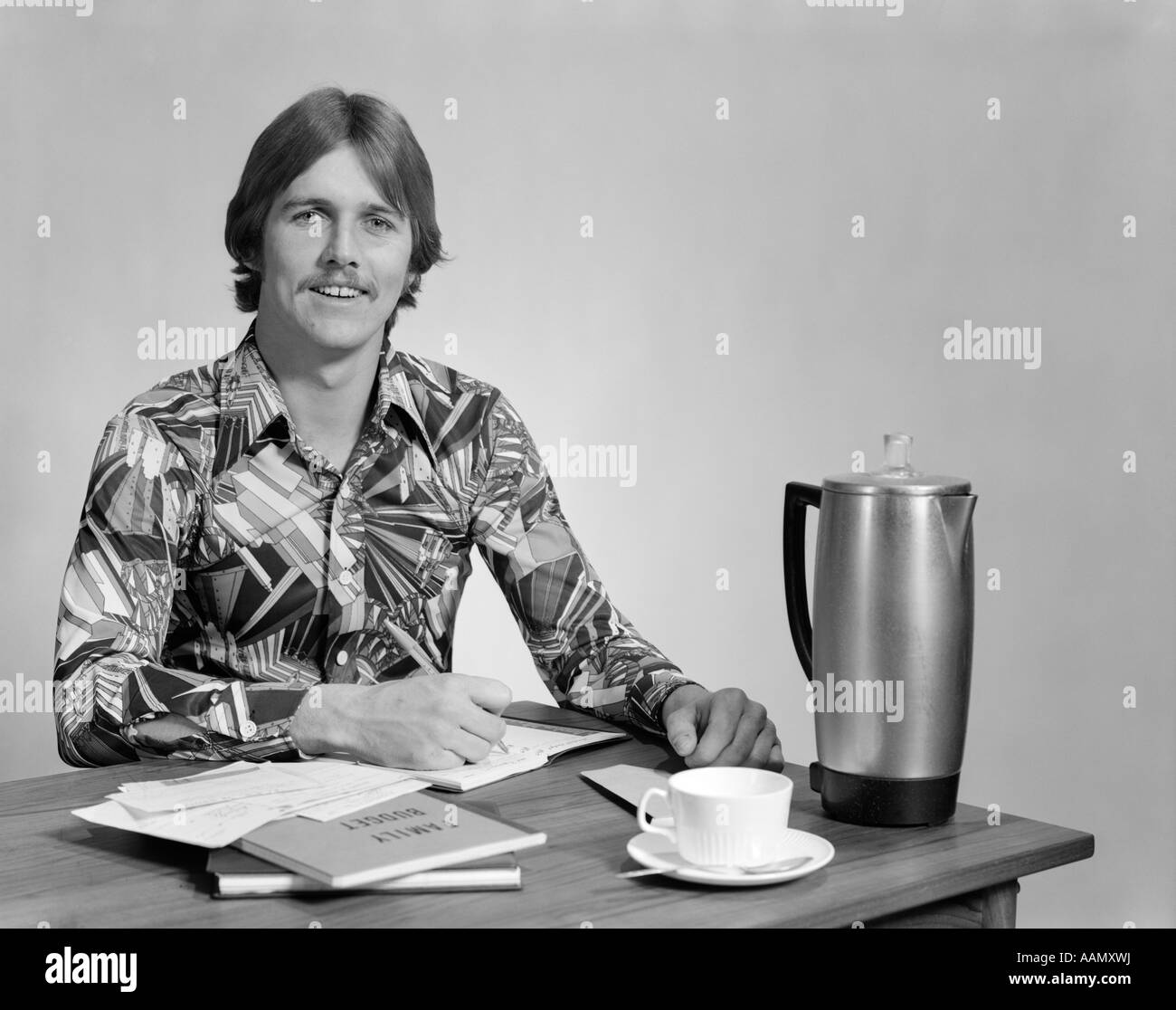 1970s SMILING PORTRAIT MALE WITH SPARSE MUSTACHE & HAIR PARTED IN ...