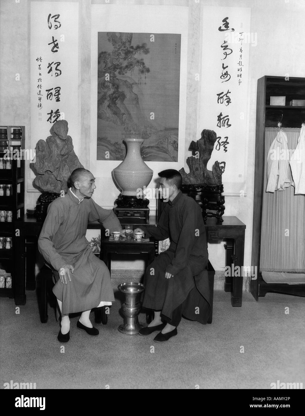 1920s 1930s TWO CHINESE MEN SAMPLING TEA IN HOUSE OF WANG TEA SHOP IN ...
