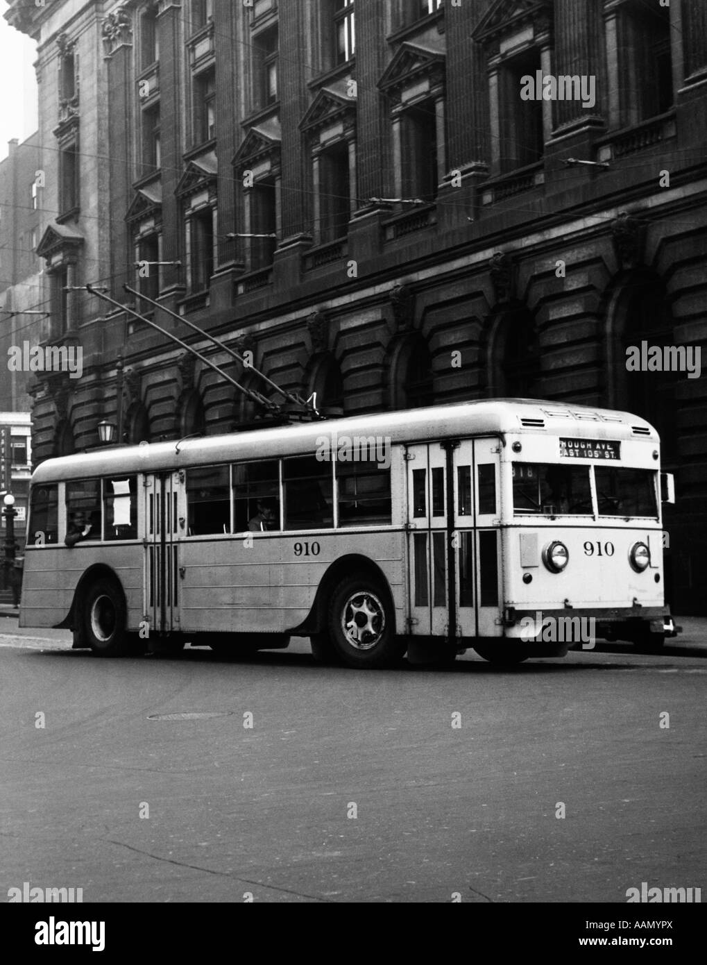 1930s 1940s TRACKLESS TROLLEY ELECTRIC BUS ABOUT TO ROUND CURVE PUBLIC ...