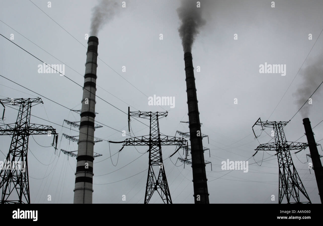 smoke stacks high tension poles Stock Photo - Alamy