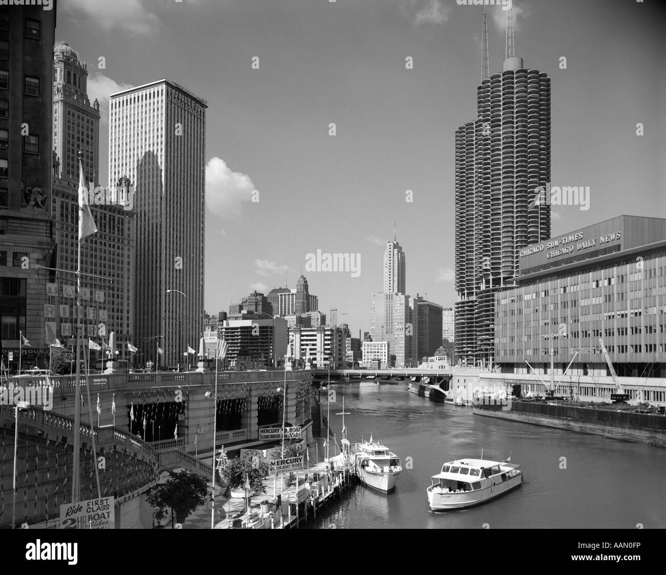 1960s CHICAGO RIVER FROM MICHIGAN AVENUE SUN TIMES BUILDING ON RIGHT ...